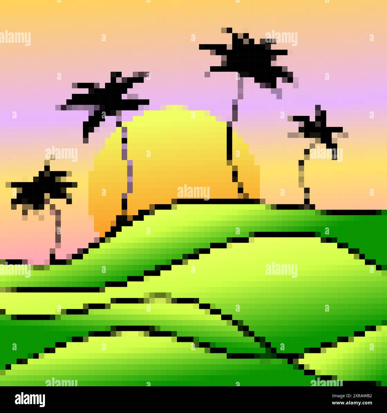 Tropical sunset with palm trees and green fields in pixel art style ...