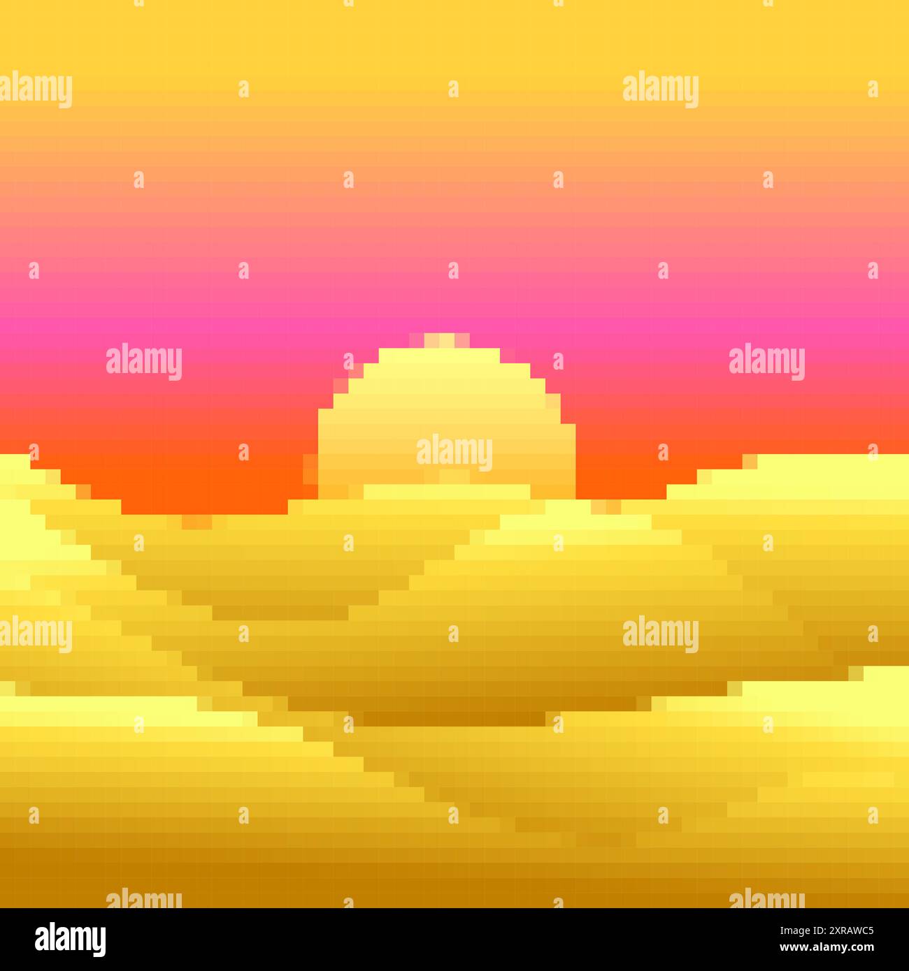 Desert landscape in pixel art style. Sun over sand dunes in the style ...