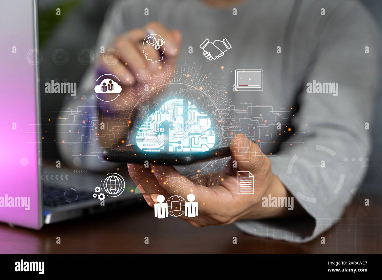 Man use Laptop with cloud computing diagram show on hand. Cloud technology. Data storage ...