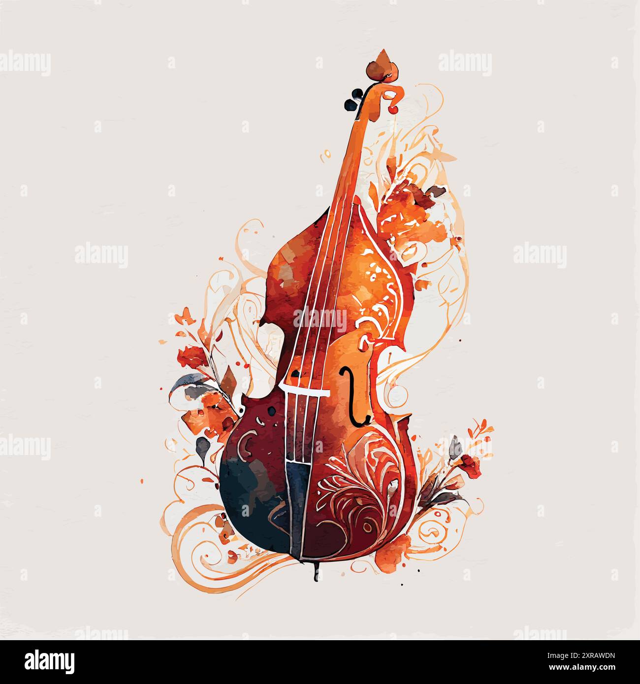 ornamental vector watercolor illustration of double bass Stock Vector ...