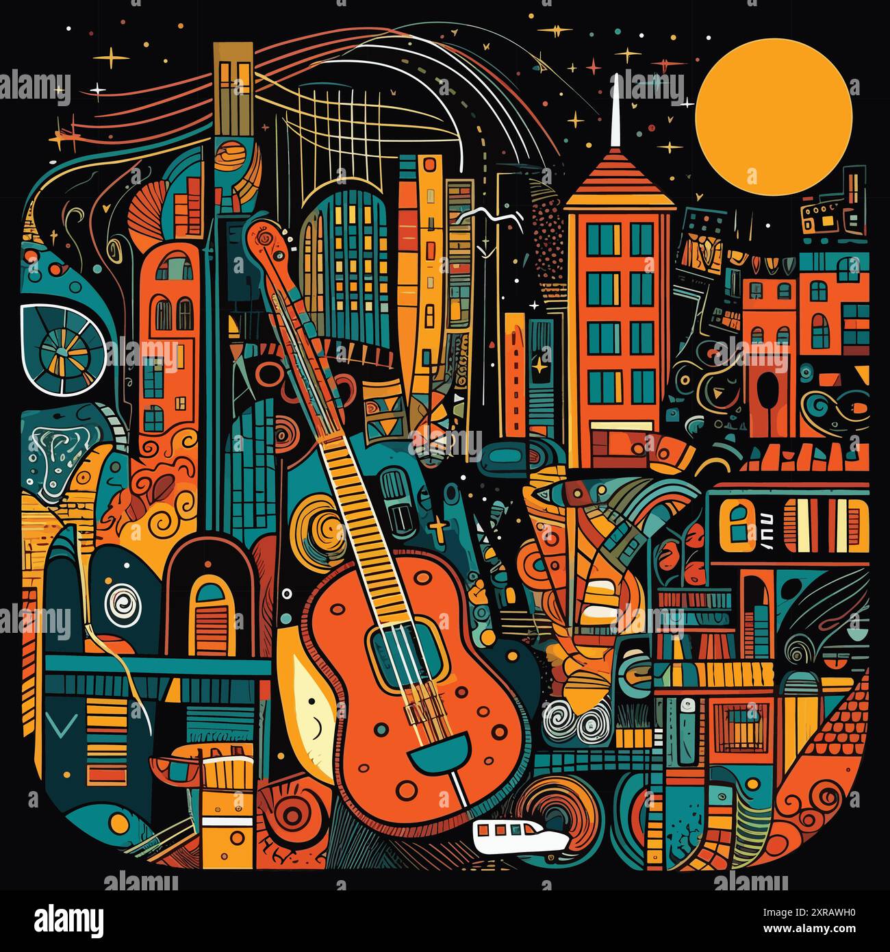 Colorful, abstract, vector illustration of jazz instruments coming ...