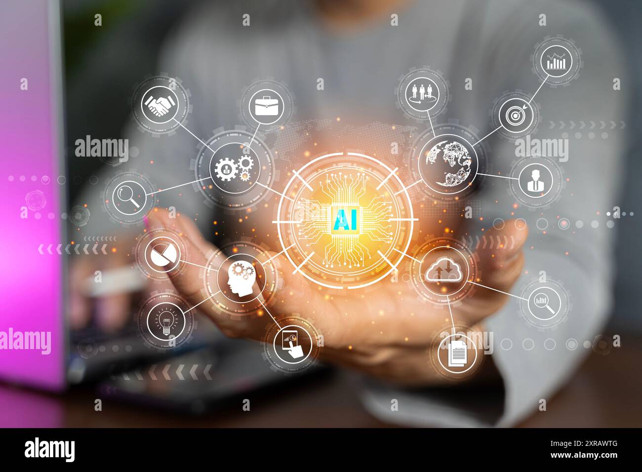 Ai tech, businessman show virtual graphic Global Internet connect. Chat ...