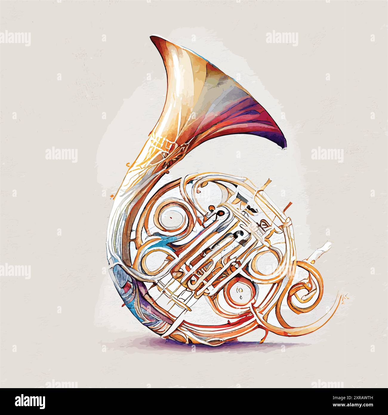 ornamental vector watercolor illustration of french horn Stock Vector ...