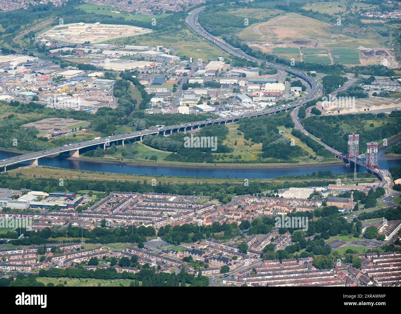 An aerial drone shot of the A19 trunk road viaduct crossing the river ...