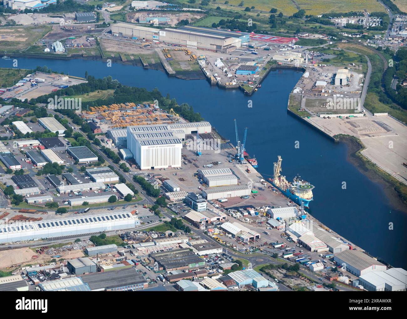 an aerial drone shot of the Port of Middlesbrough, Teeside, North East ...