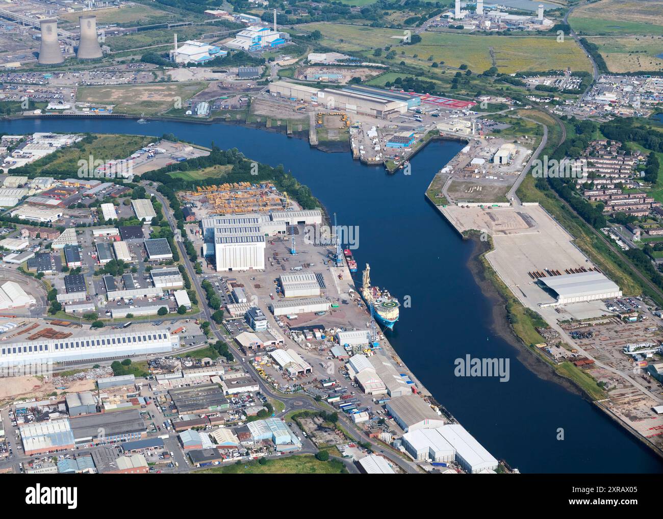 an aerial drone shot of the Port of Middlesbrough, Teeside, North East ...