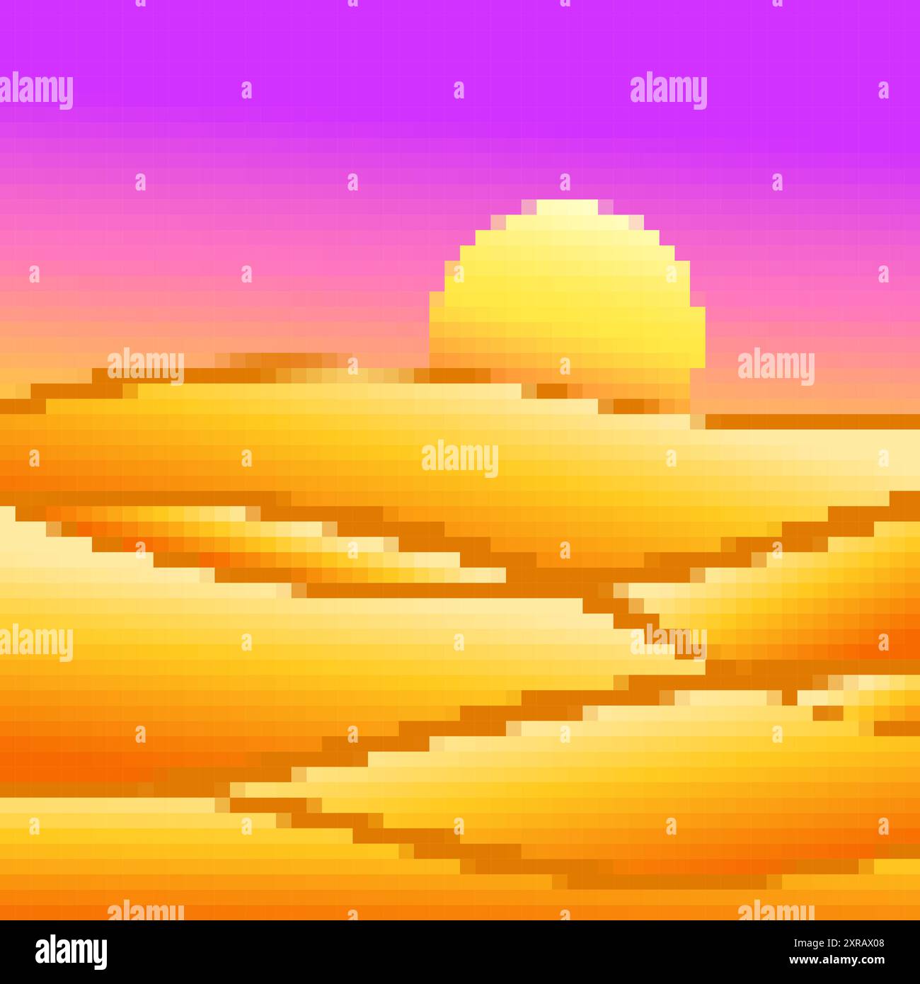 Desert landscape in pixel art style. Sun over sand dunes in the style ...