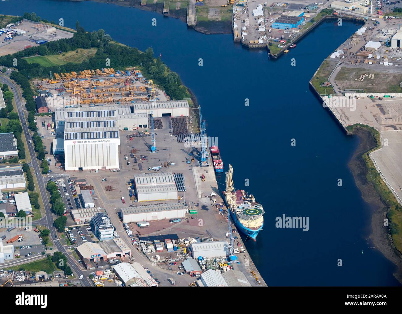 an aerial drone shot of the Port of Middlesbrough, Teeside, North East ...