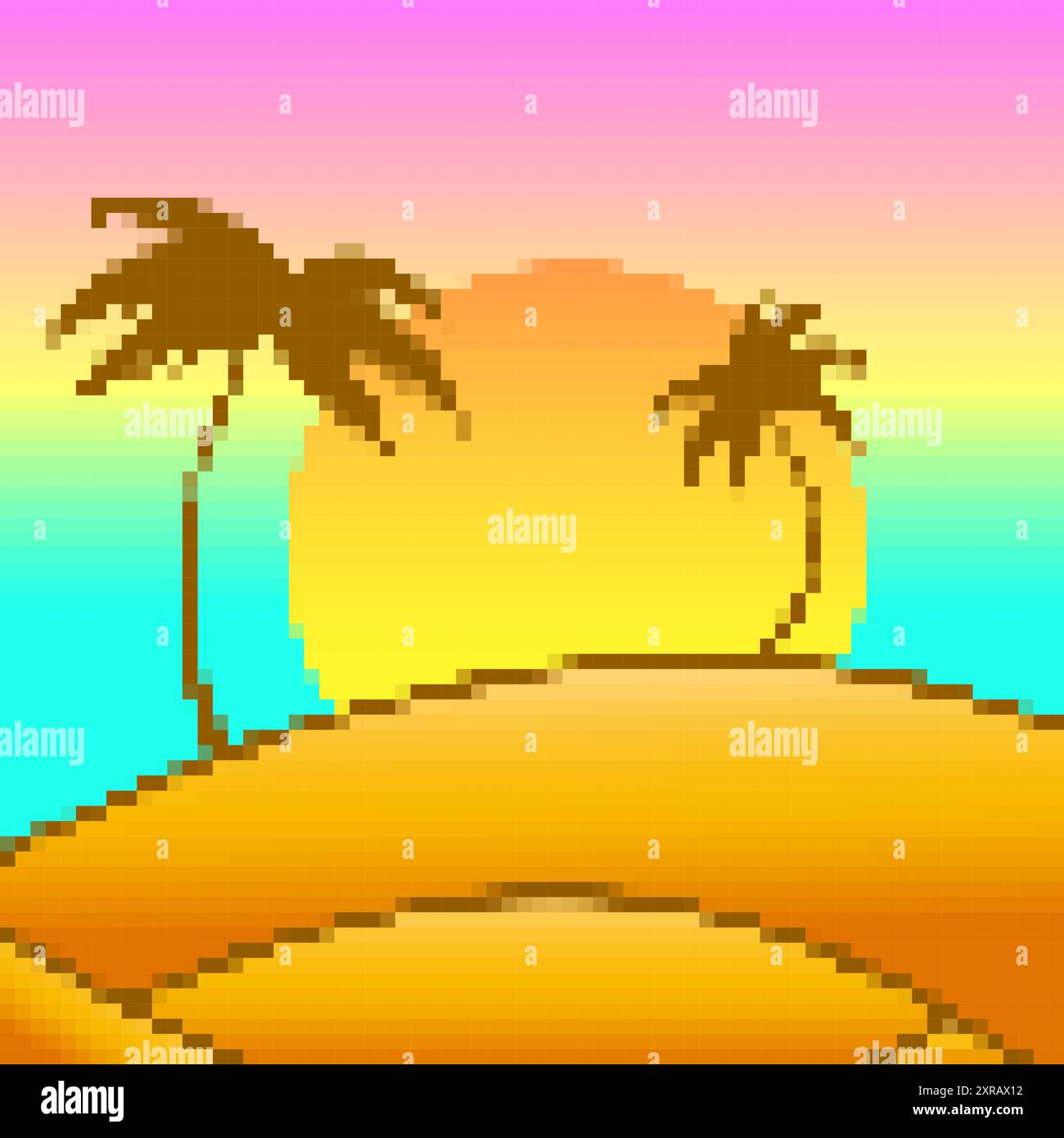 Pixel desert landscape with palm trees and sand dunes. Landscape with ...