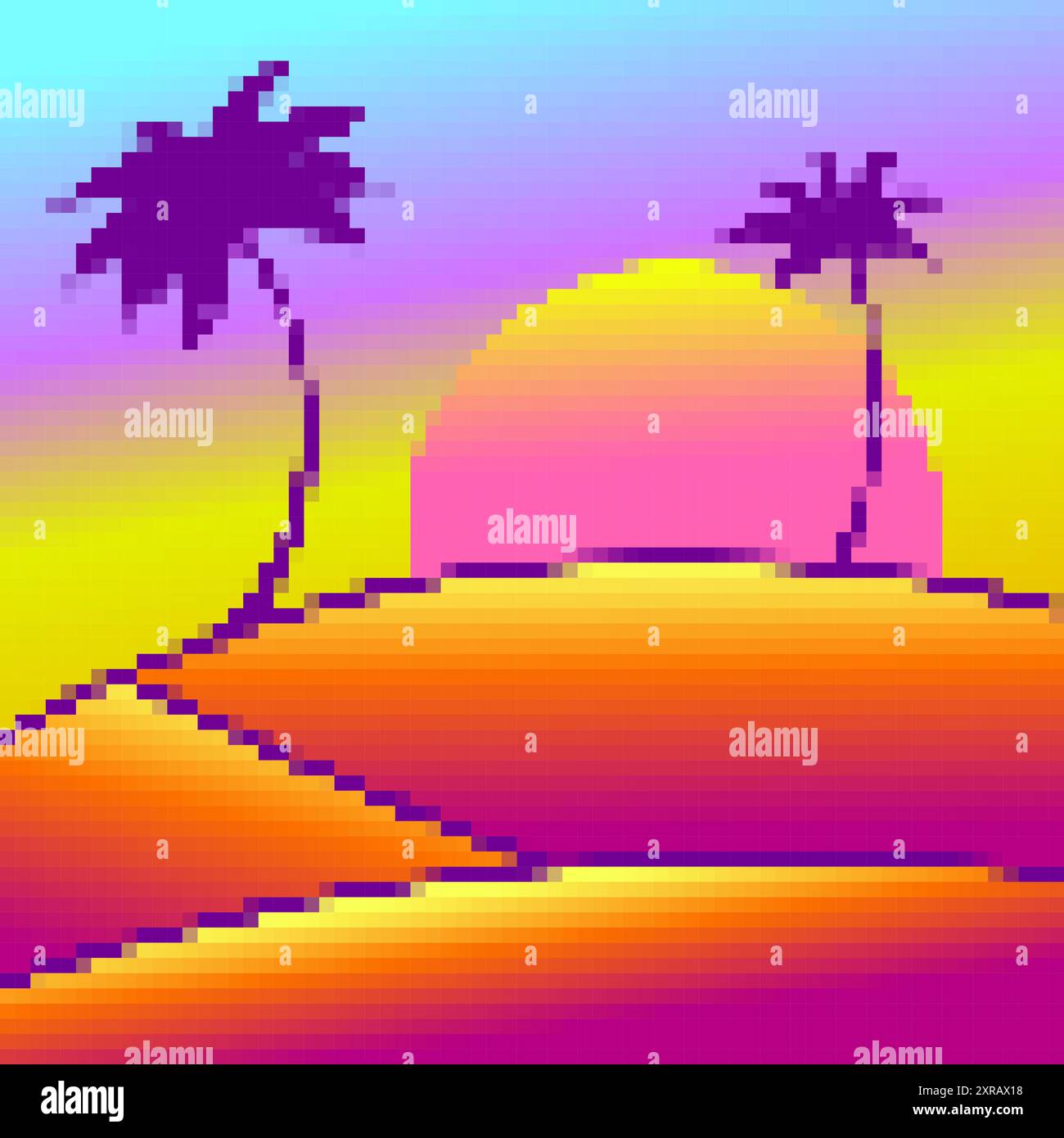 Pixel desert landscape with palm trees and sand dunes. Landscape with ...