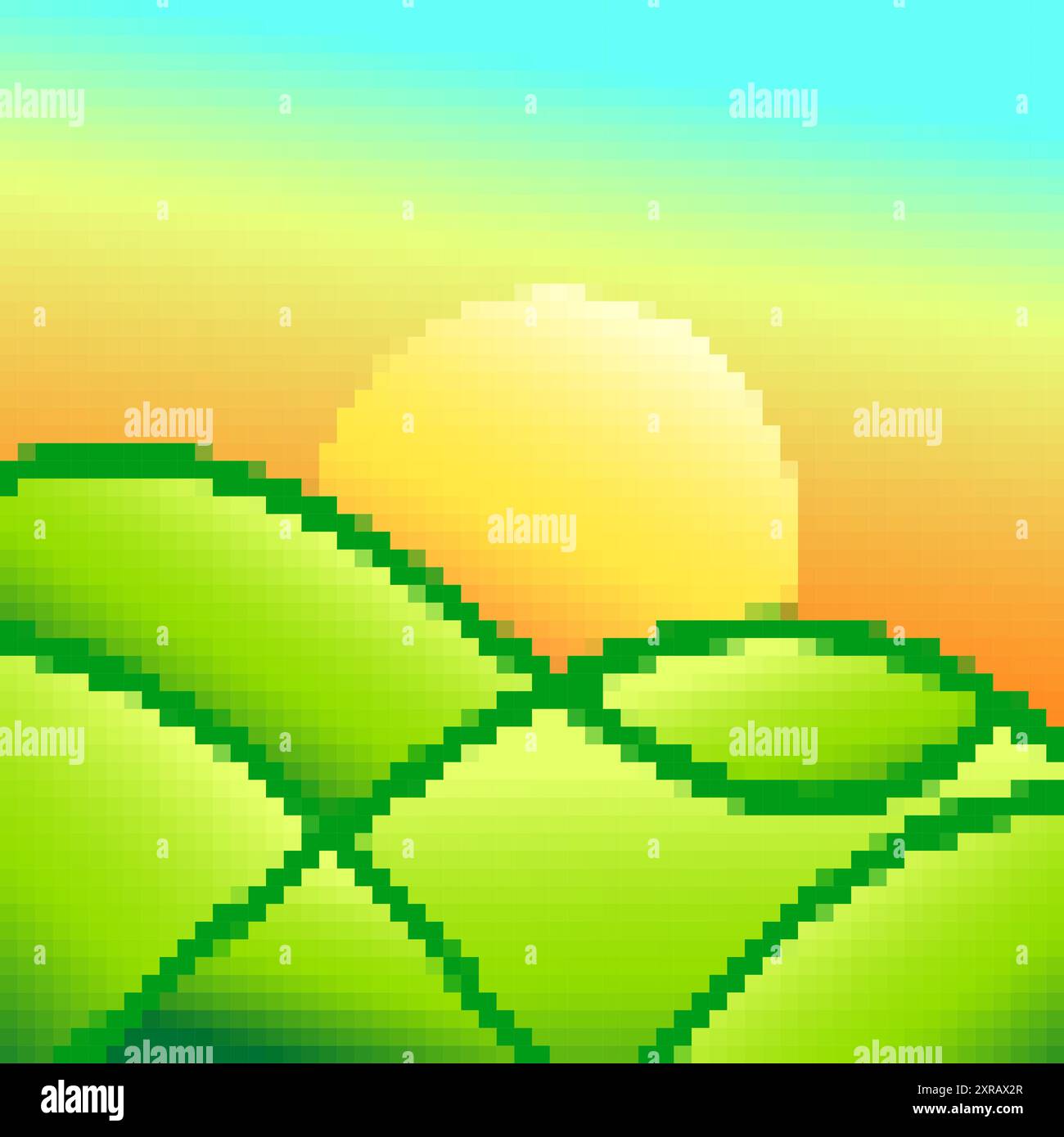Green meadows at dawn in pixel art style. Rising sun on green fields in ...