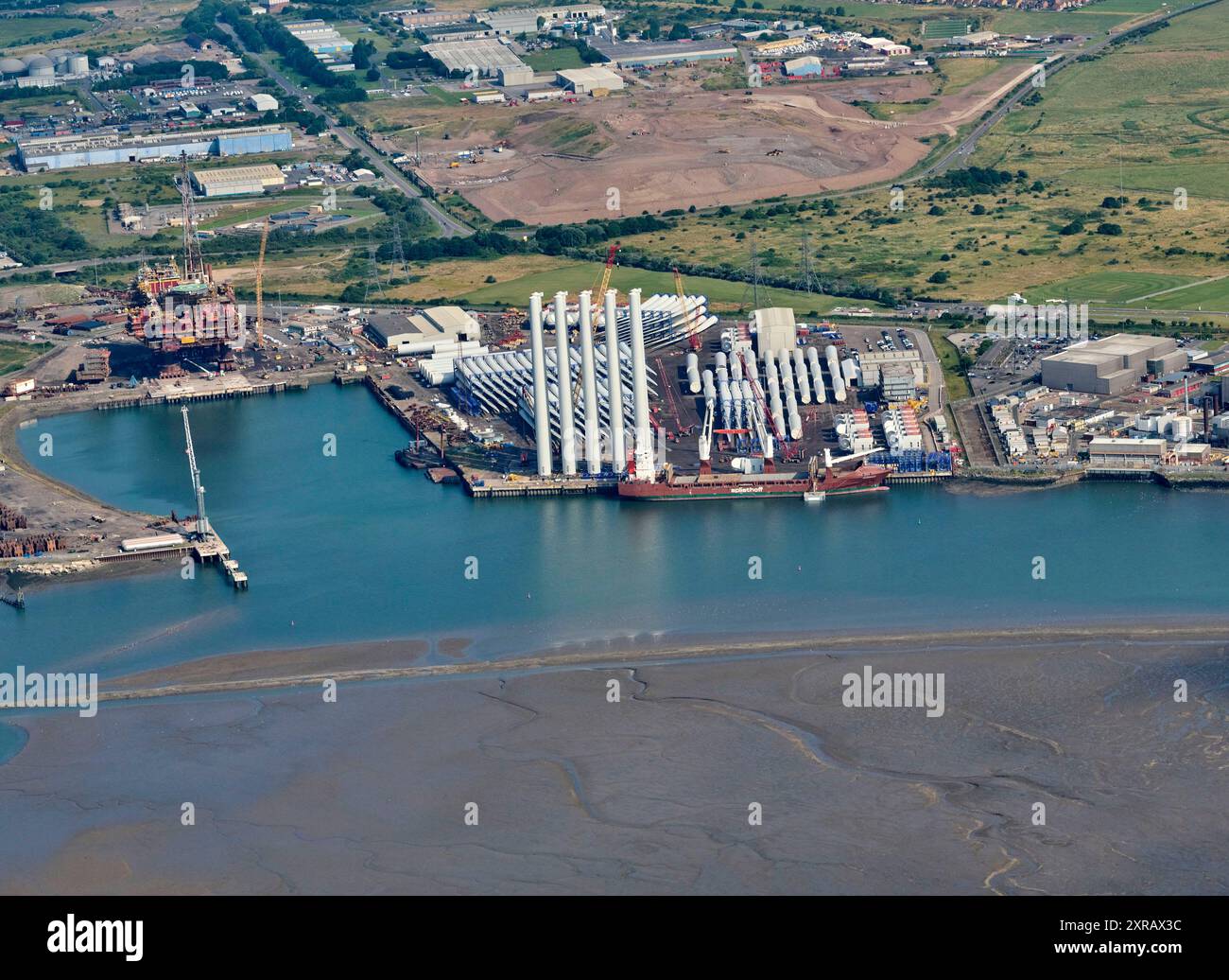 an aerial drone shot of Wind Turbines being manufactured at Teeside ...