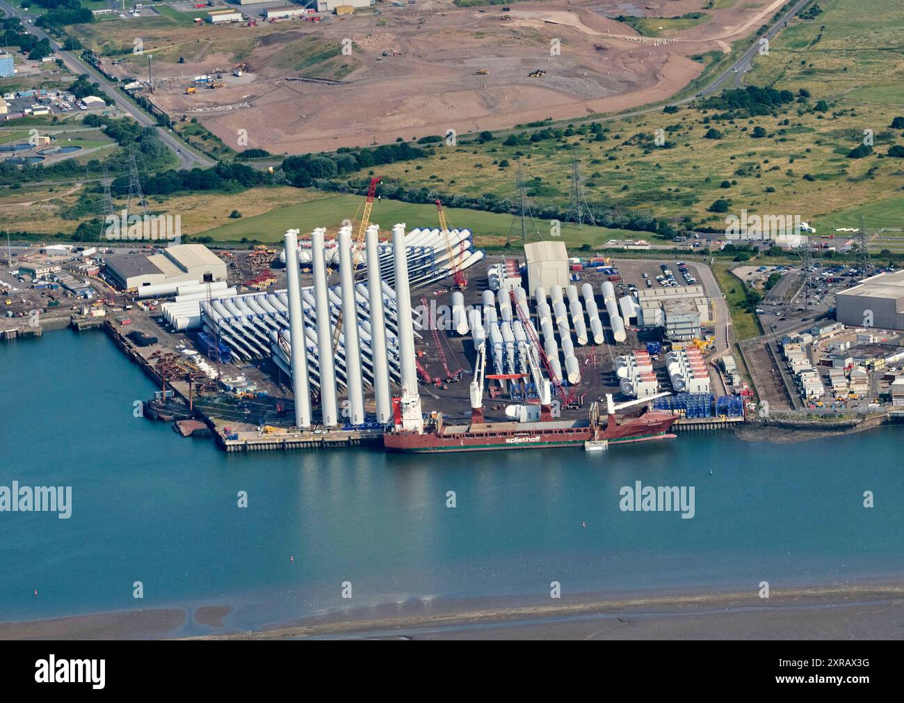 an aerial drone shot of Wind Turbines being manufactured at Teeside ...