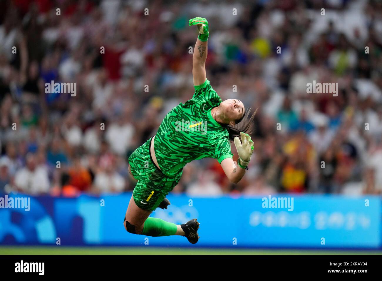 Brazil goalkeeper Lorena participates in a women's semifinal soccer ...