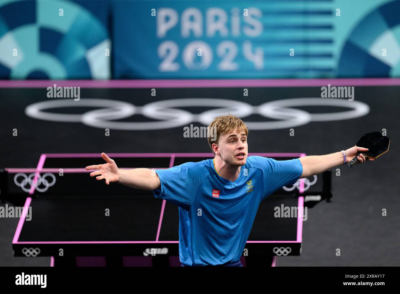Truls Möregårdh of, Sweden. , . reacts in the men's team table tennis ...