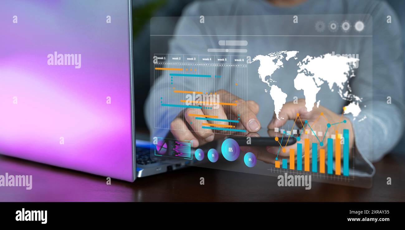 Business finance data analytics graph chart report, Man using laptop, smartphone with aspects ...