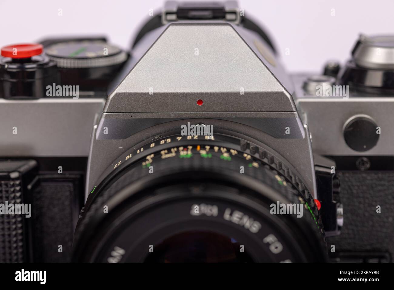 Close-up shot of an old-fashioned camera, showcasing the top front view ...