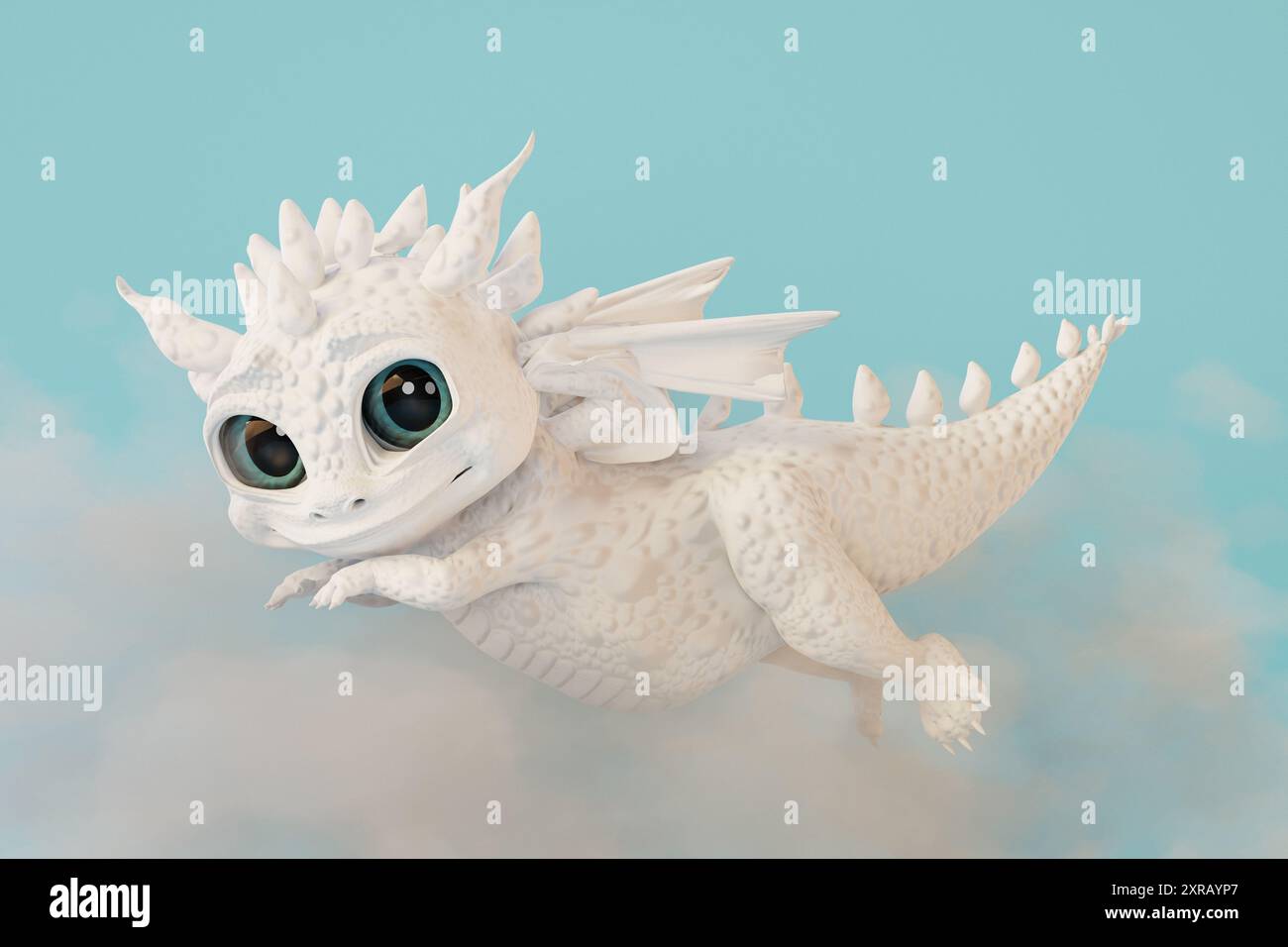 Cute cartoon baby dragon flying through clouds. 3d render Stock Photo ...