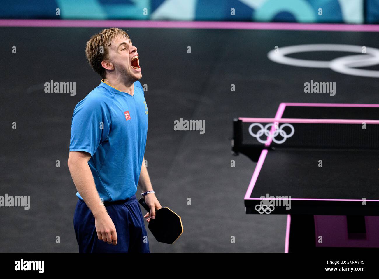 Truls Möregårdh of, Sweden. , . reacts in the men's team table tennis ...