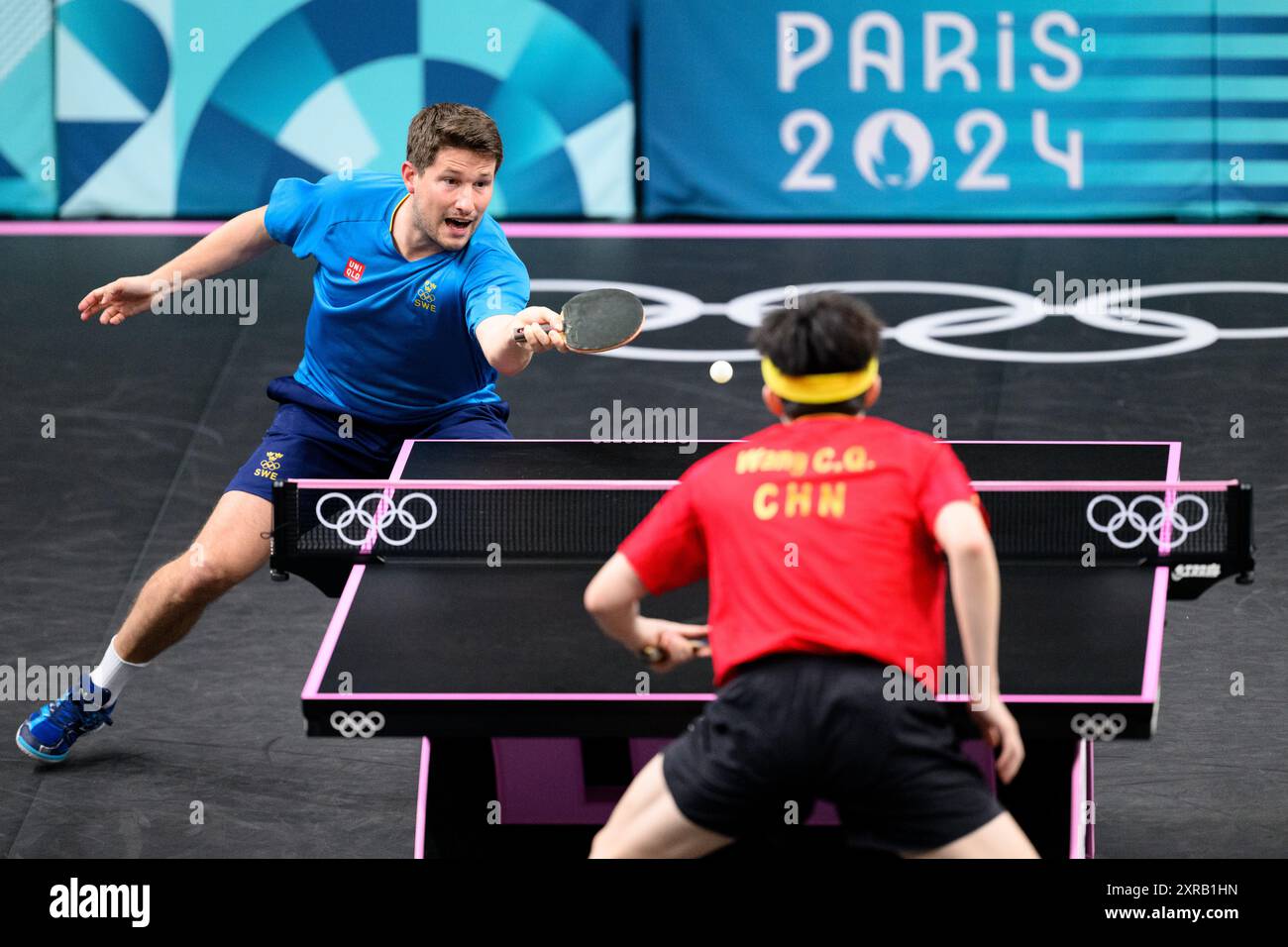 Kristian Karlsson of, Sweden. , . in the men's team table tennis final match between Sweden and ...