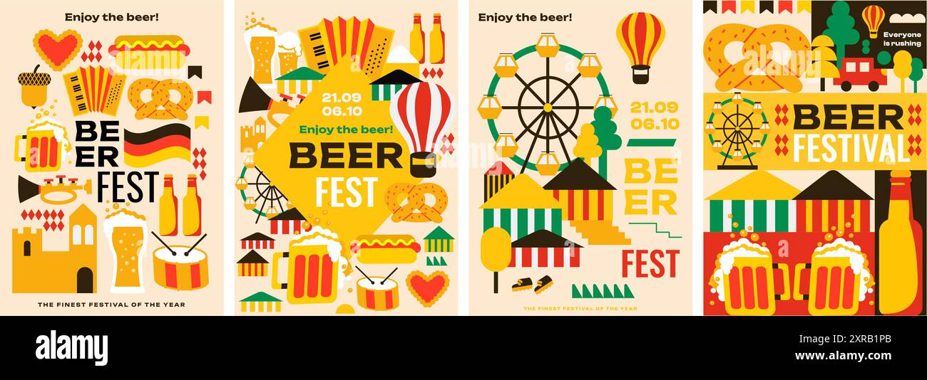 4 modern posters for Oktoberfest! National colors, beer mugs, pretzels ...