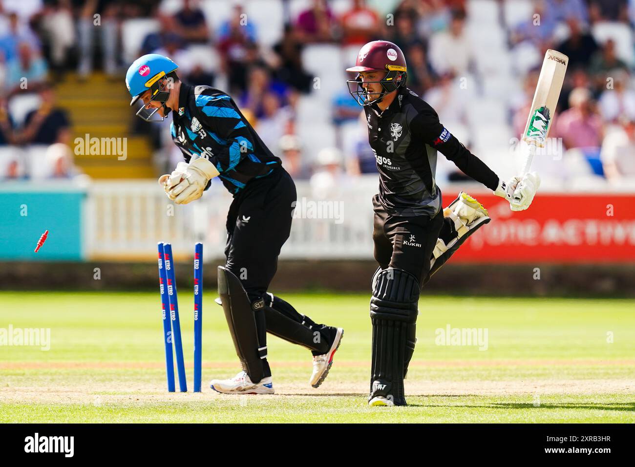 Taunton, UK, 9 August 2024. Somerset's Lewis Goldsworthy makes his ...