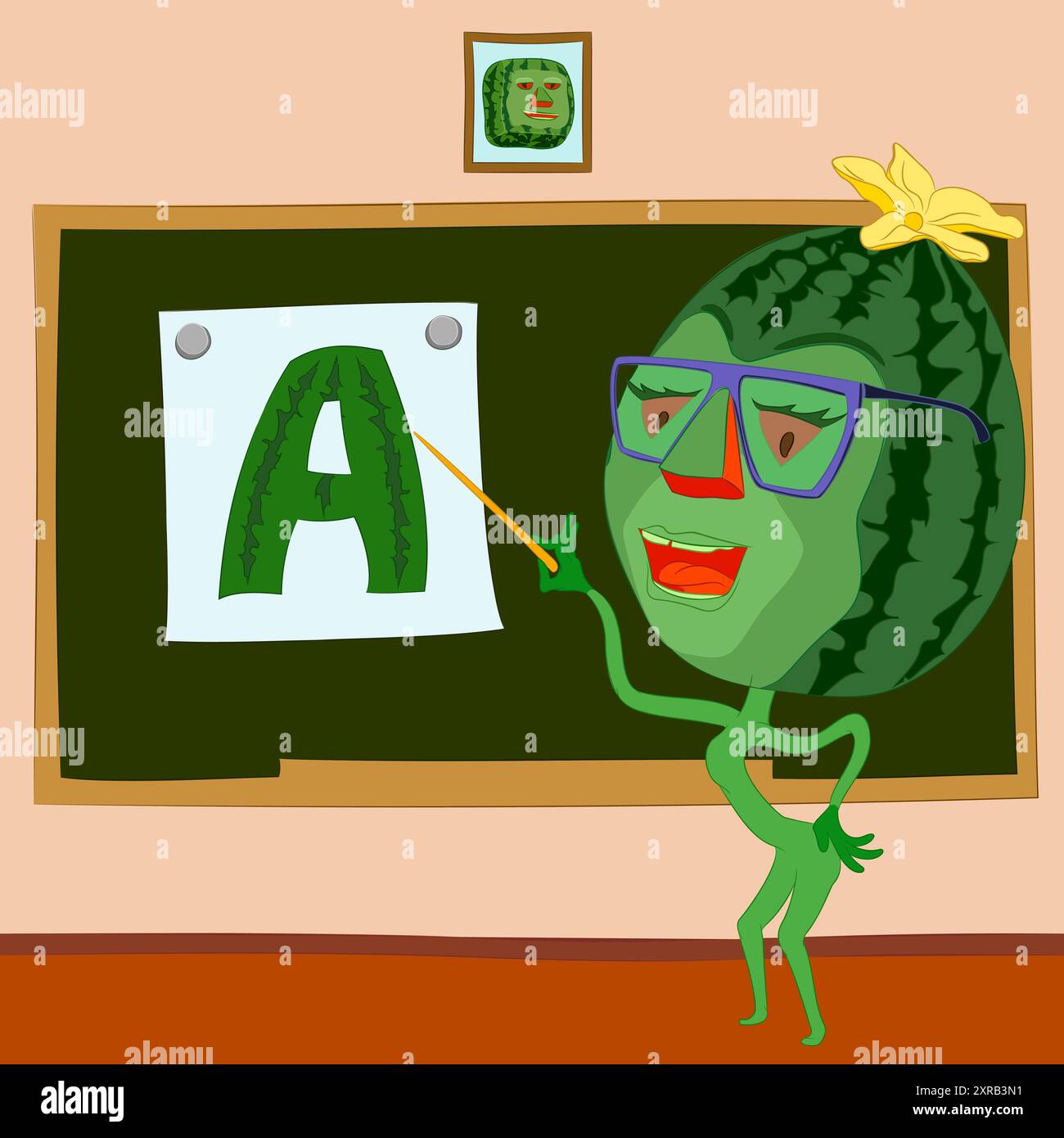 Watermelon Teacher With Glasses Pointing At Picture With Letter A