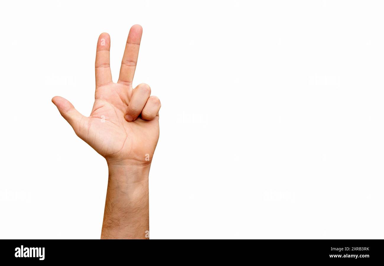 Isolated male hand showing three fingers Stock Photo - Alamy