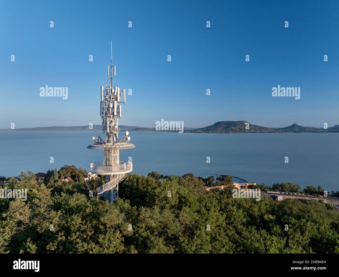 Aerial landscape about the Sipos hill lookout tower in Fonyod city ...