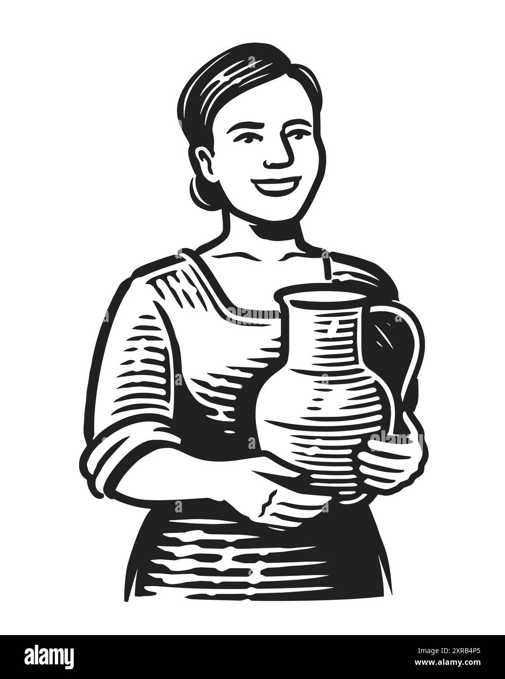 Milkmaid with jug of milk. Young woman farmer emblem. Dairy farm logo ...
