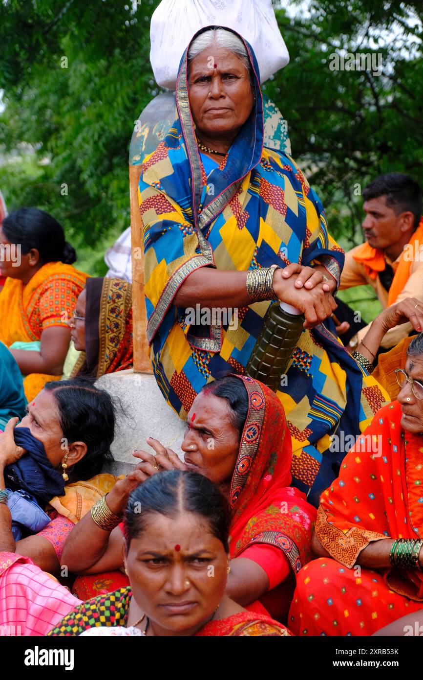 Pune, Maharashtra, India, 2 July 2024, Pilgrims or warkari with saffron ...