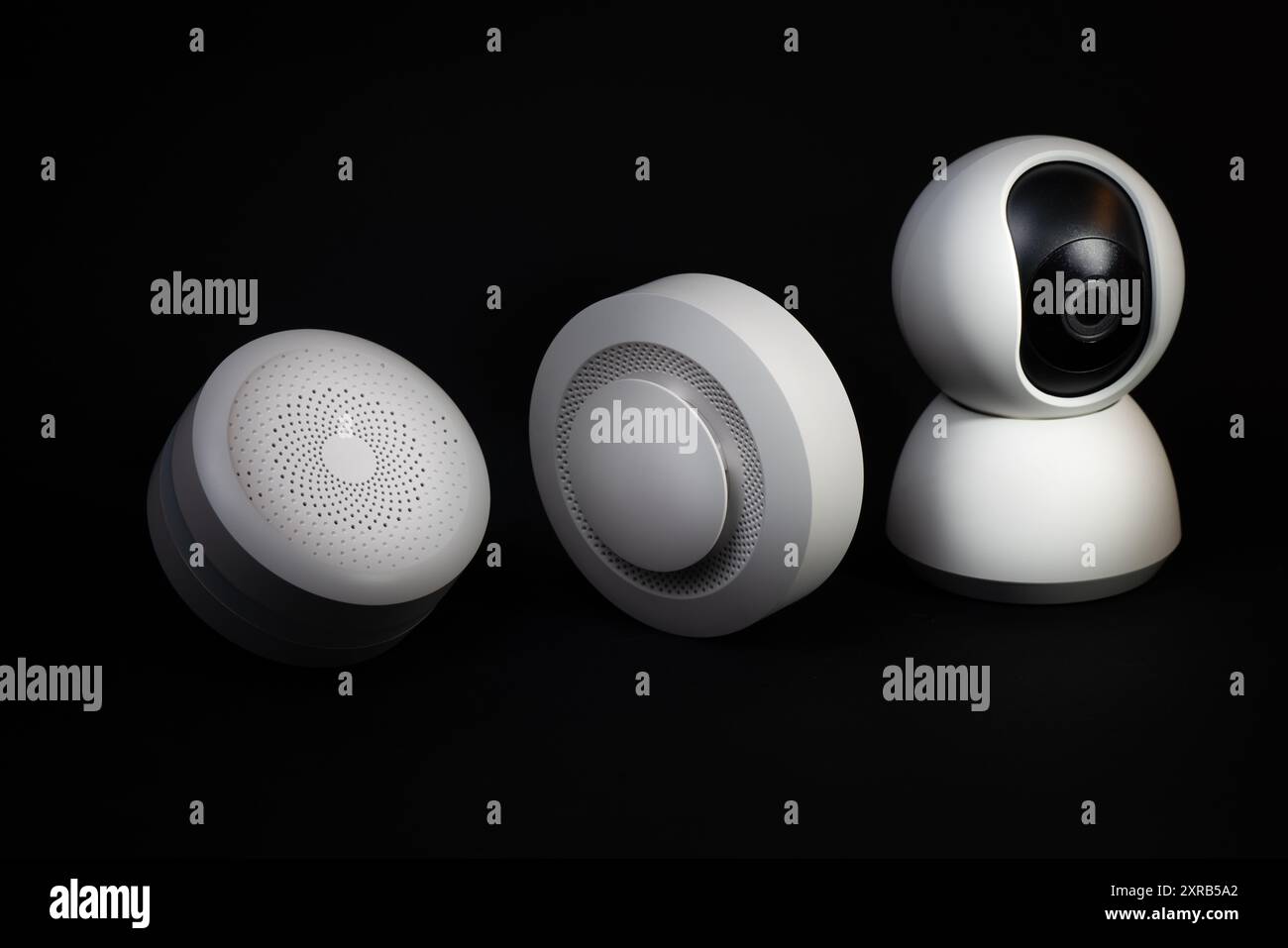 Smart home devices. Home automation security system. Isolated on black ...