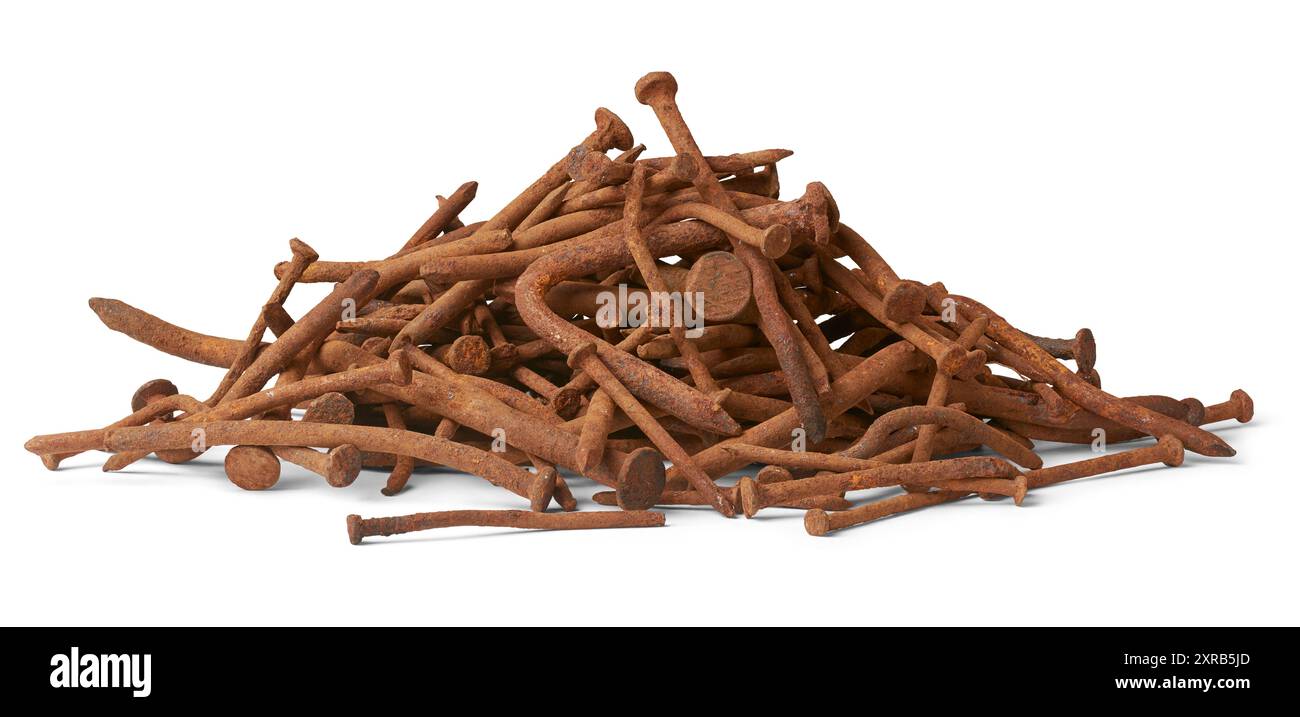 pile of rusty old warped nails isolated white background, corroded and ...