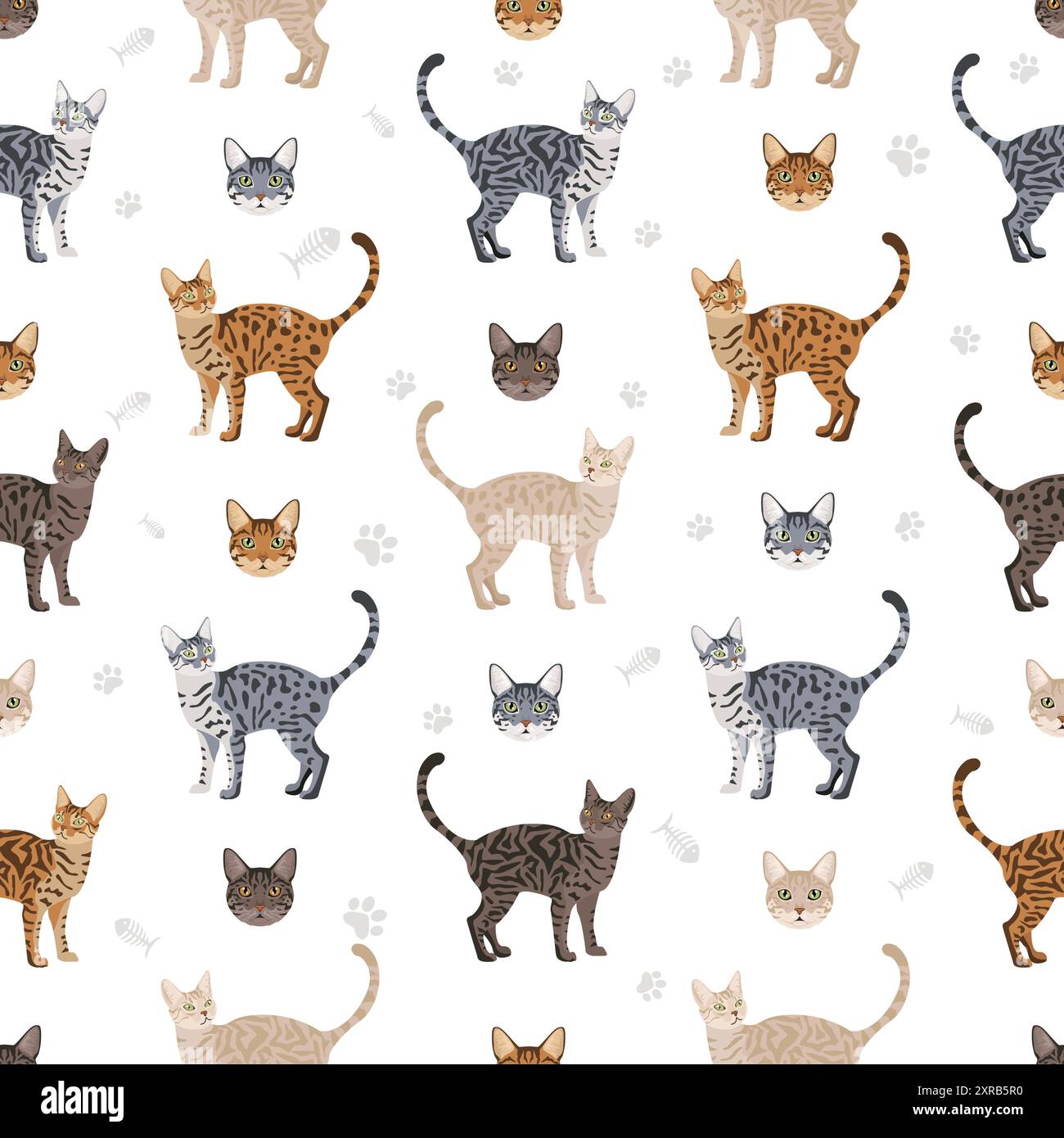 Califoria Spangled Cat seamless pattern. All coat colors set. All cat ...