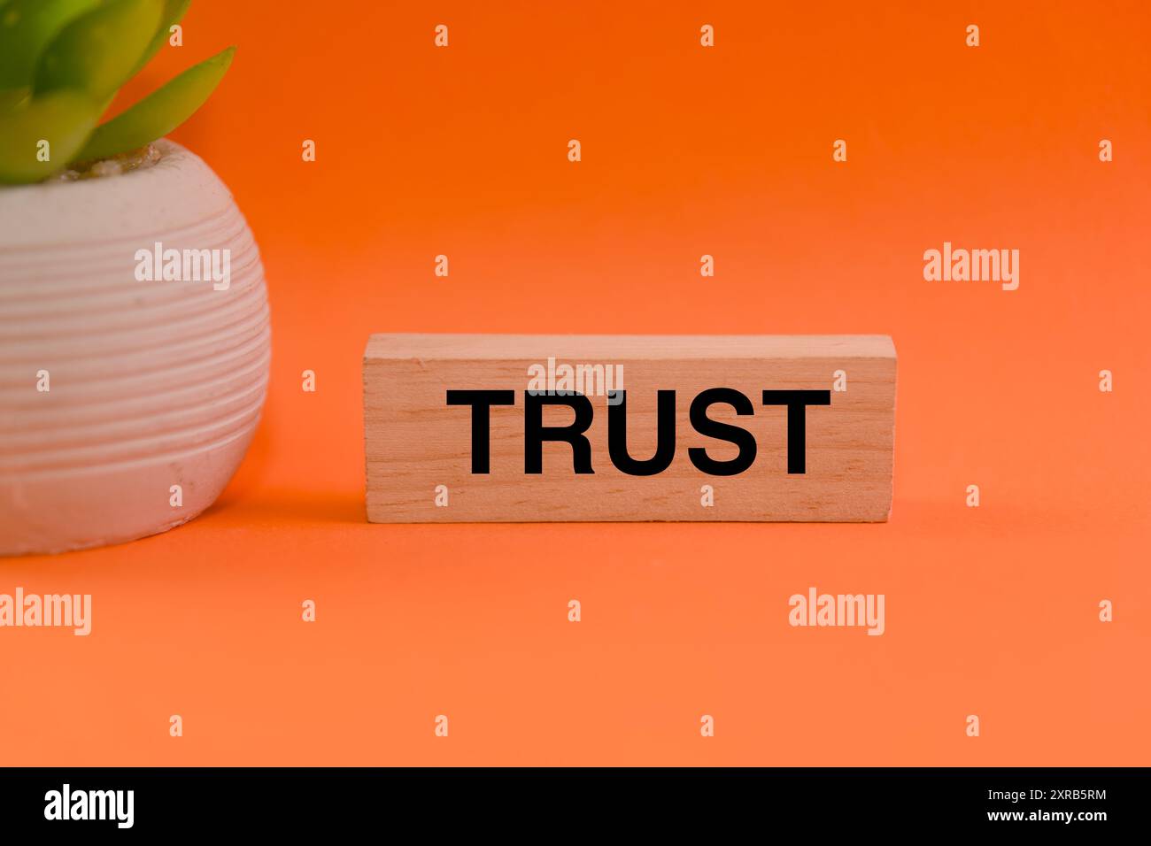 Wooden block with 'TRUST' on a vibrant orange background with a ...