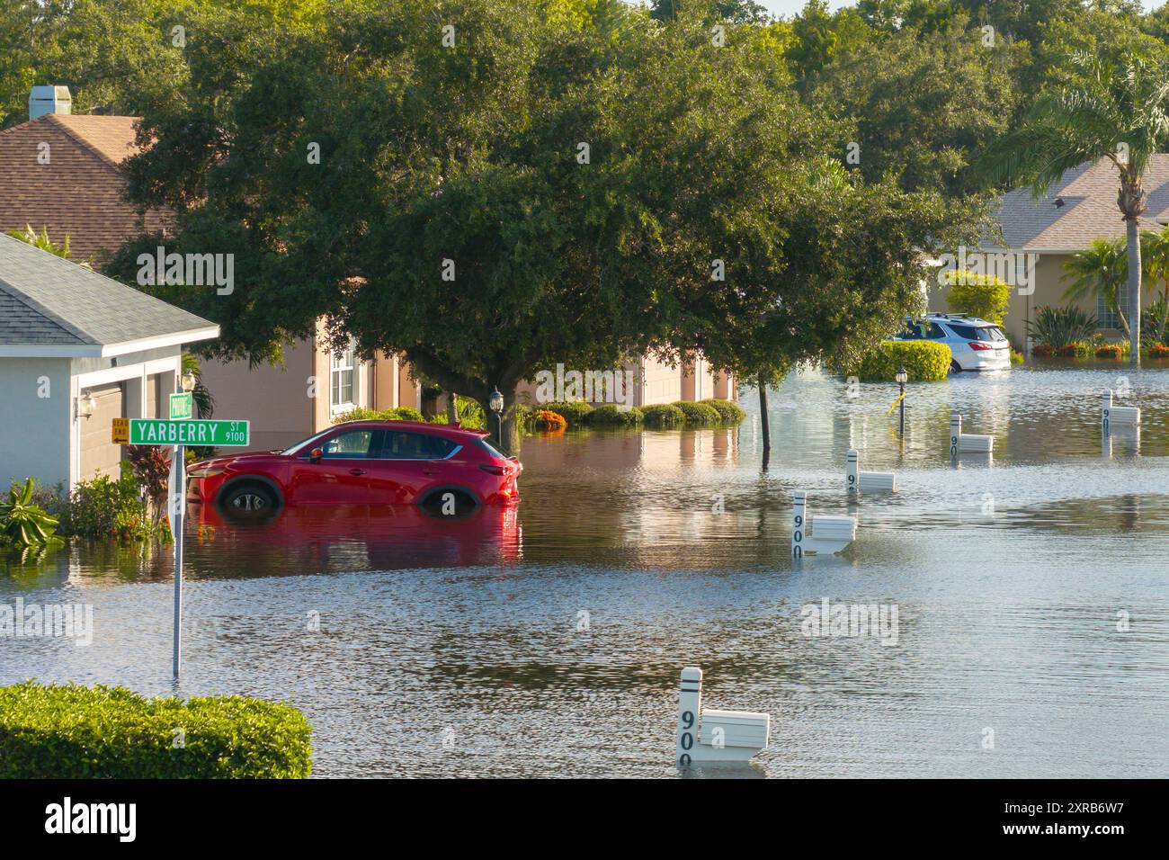 Tropical rainstorm flooded cars residential hi-res stock photography ...