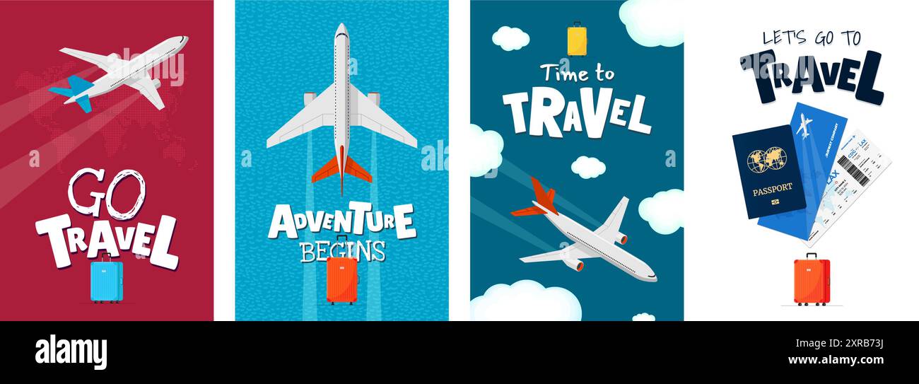 Flight travel poster set with passenger airplane and airline ticket or ...