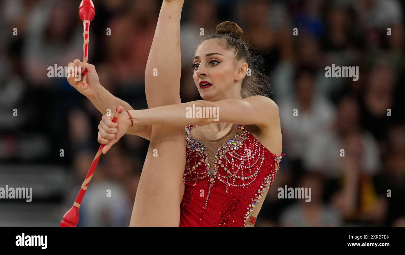 Kaleyn Boryana, of Bulgaria, performs clubs exercise in the rhythmic ...