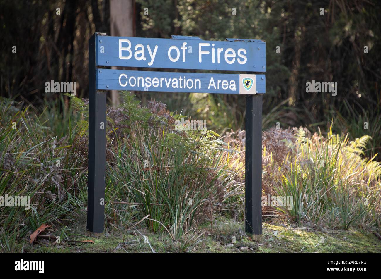 A road sign on the boundary of the Bay of Fires Conservation Area, few ...