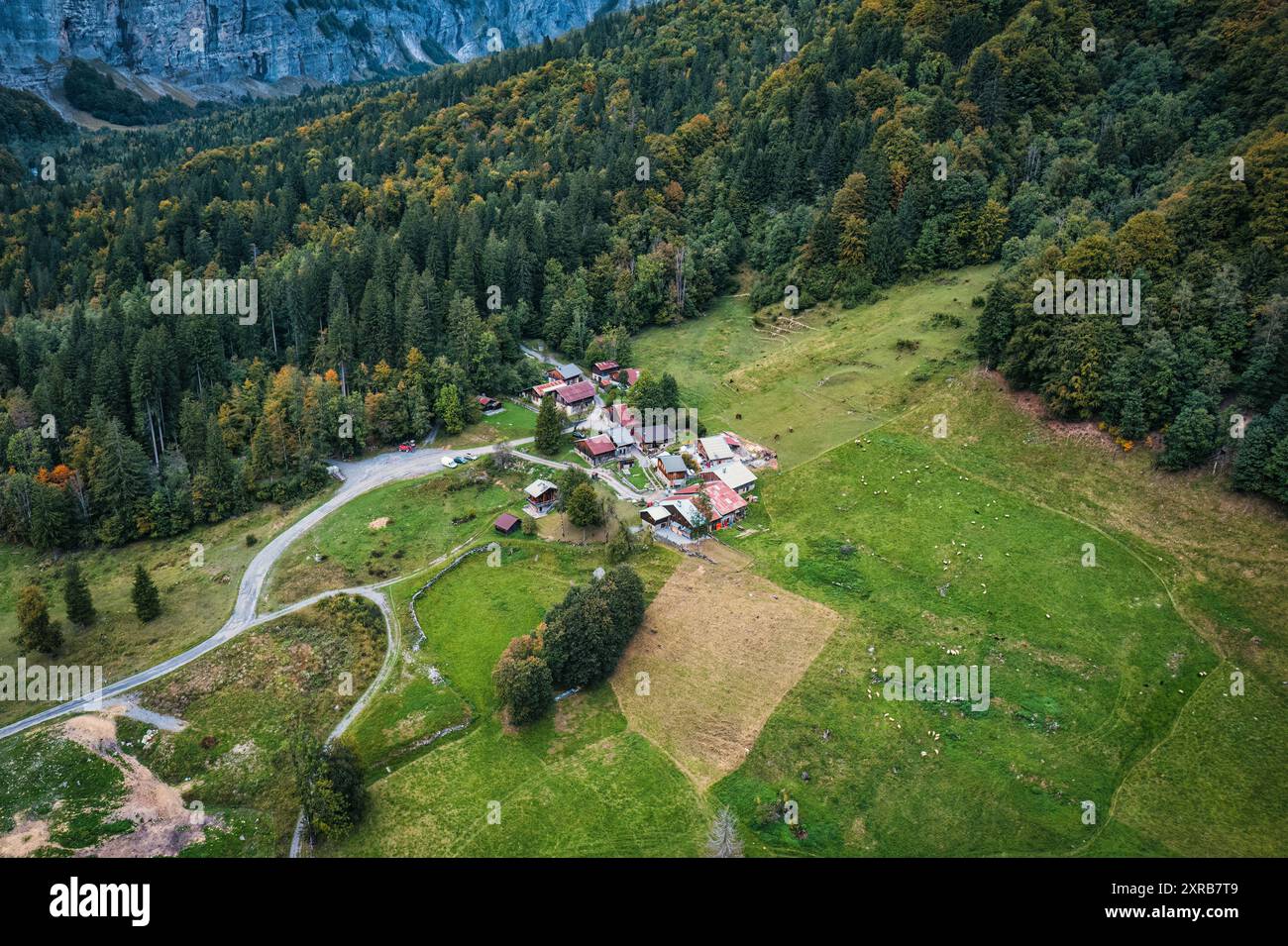 Small rustic village in deep forest among swiss alps at Appenzell ...