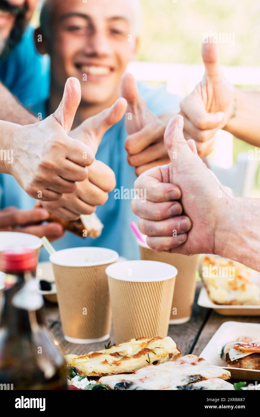 Happy family group celebrate together in friendship with fun and laugh ...