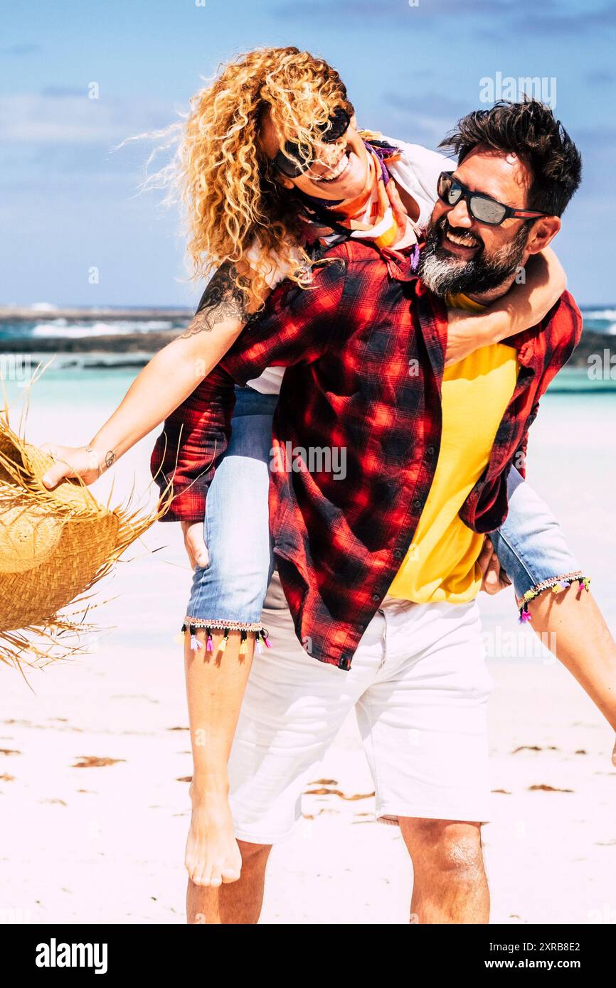 Happy people couple enjoy relationship and summer holiday vacation ...