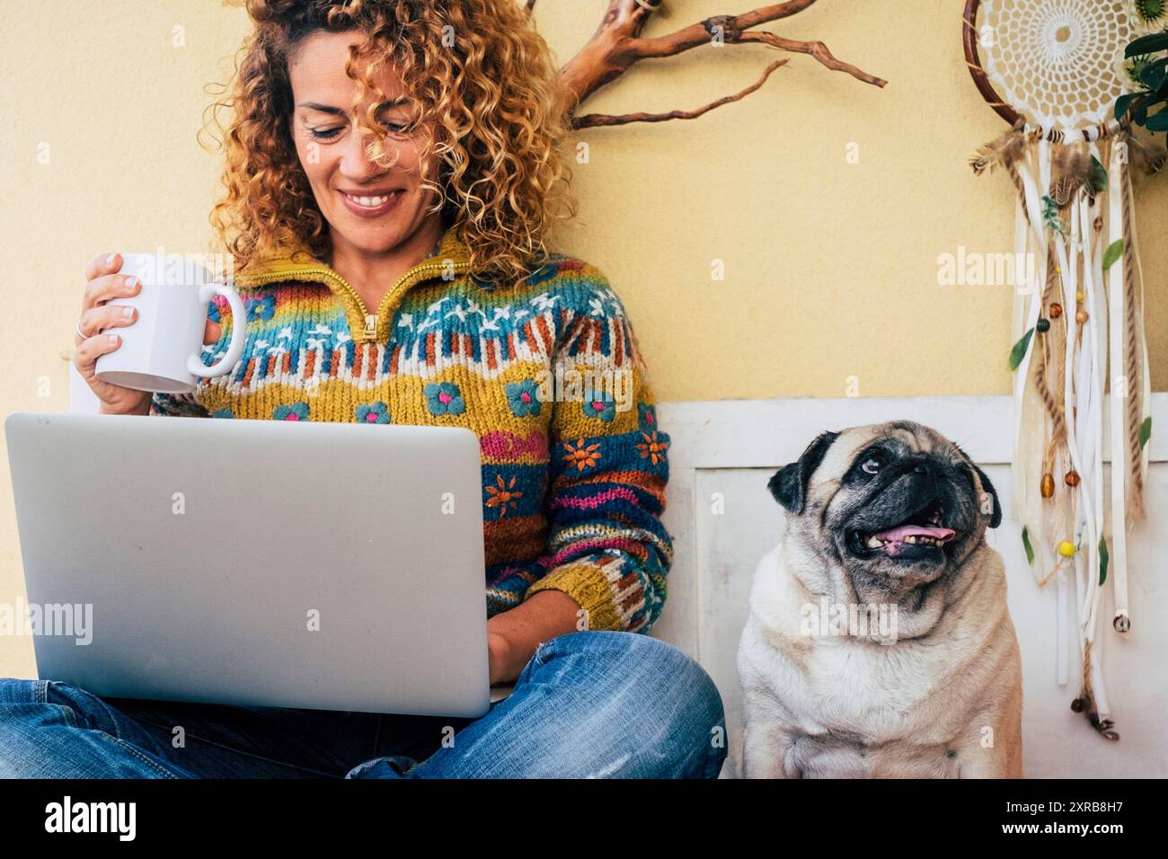 People and dog best friends forever together. One happy woman smile and ...