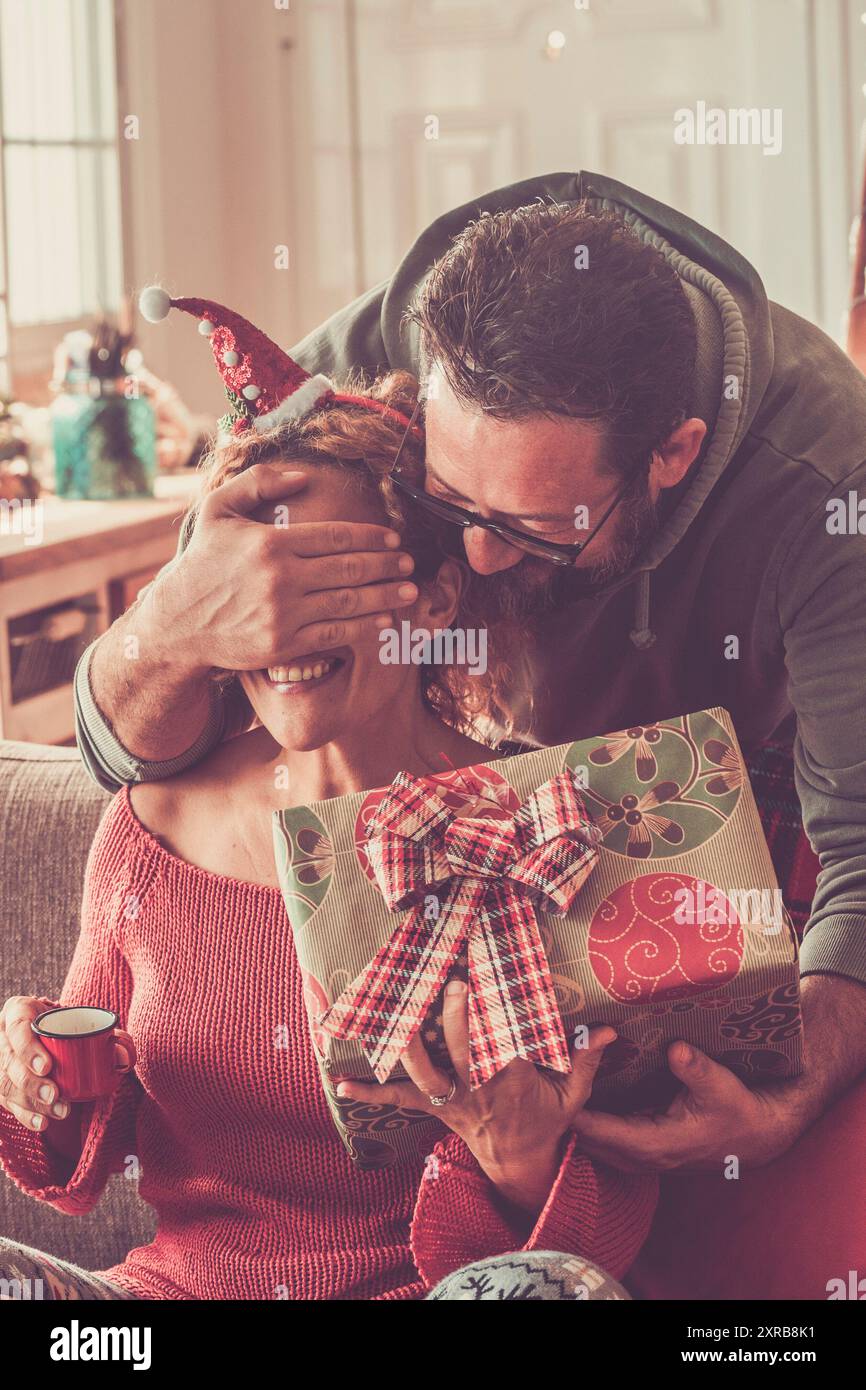 Happiness and christmas celebration concept time with man doing a gift ...