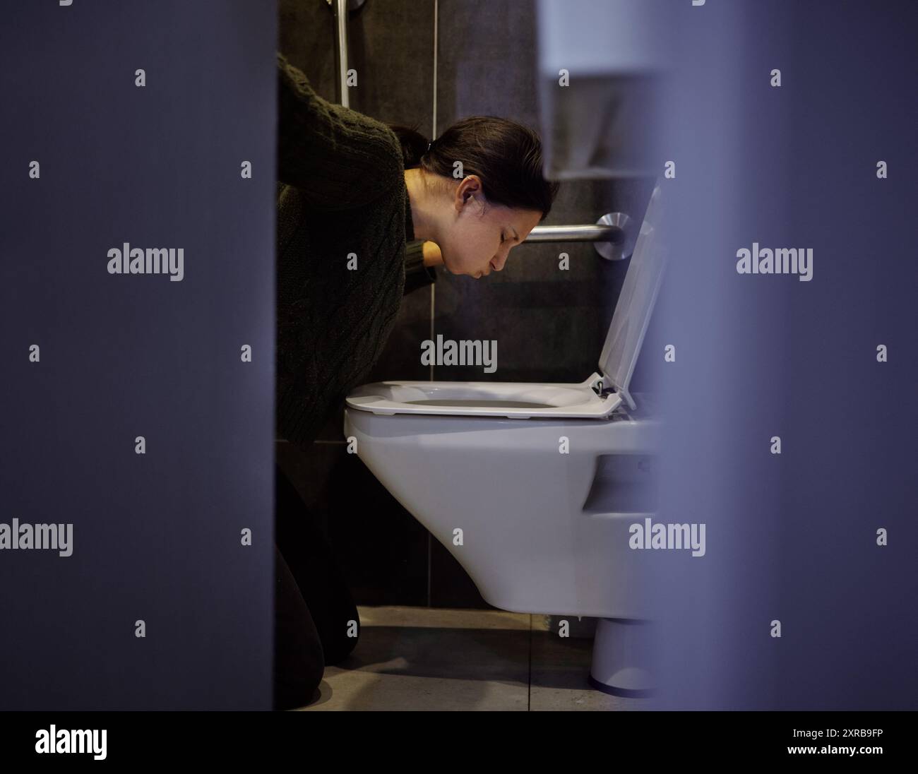 Bathroom, vomit and woman with illness, floor and symptoms of food ...