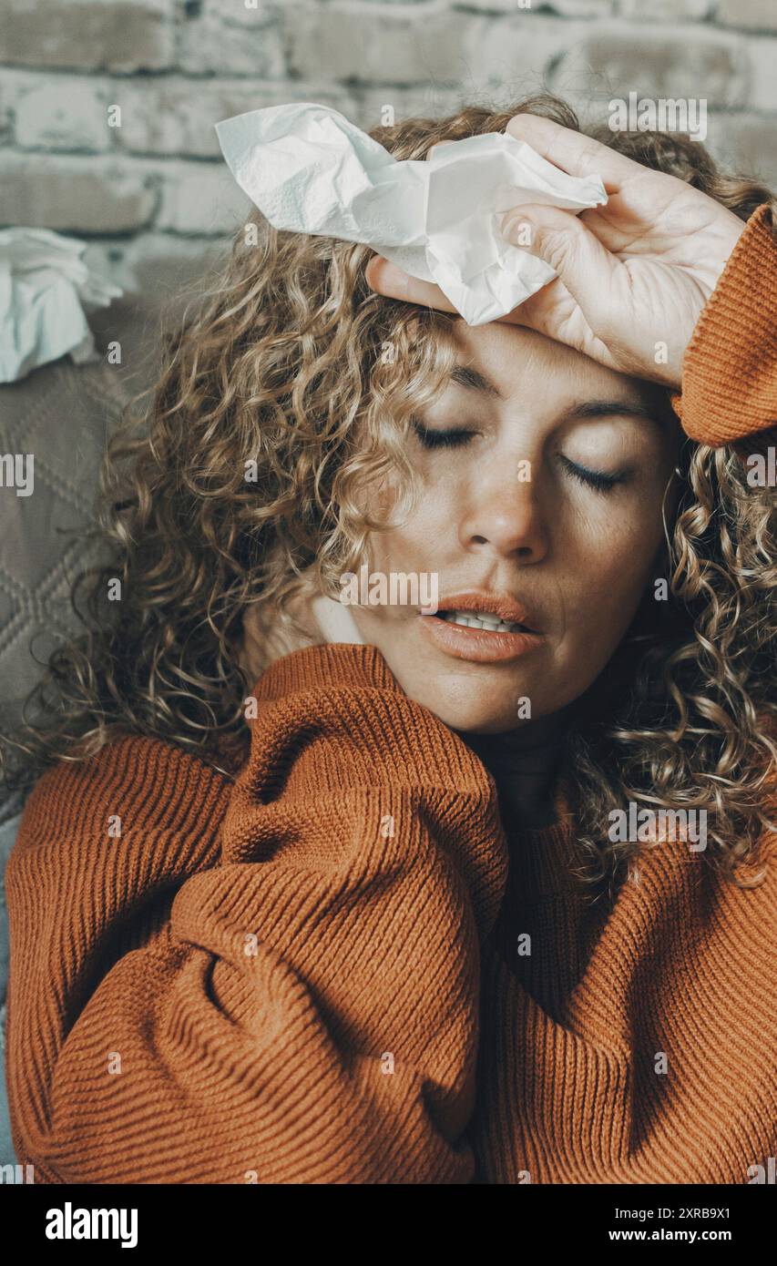 One people at home with flu influenza virus symptoms and neck pain ...