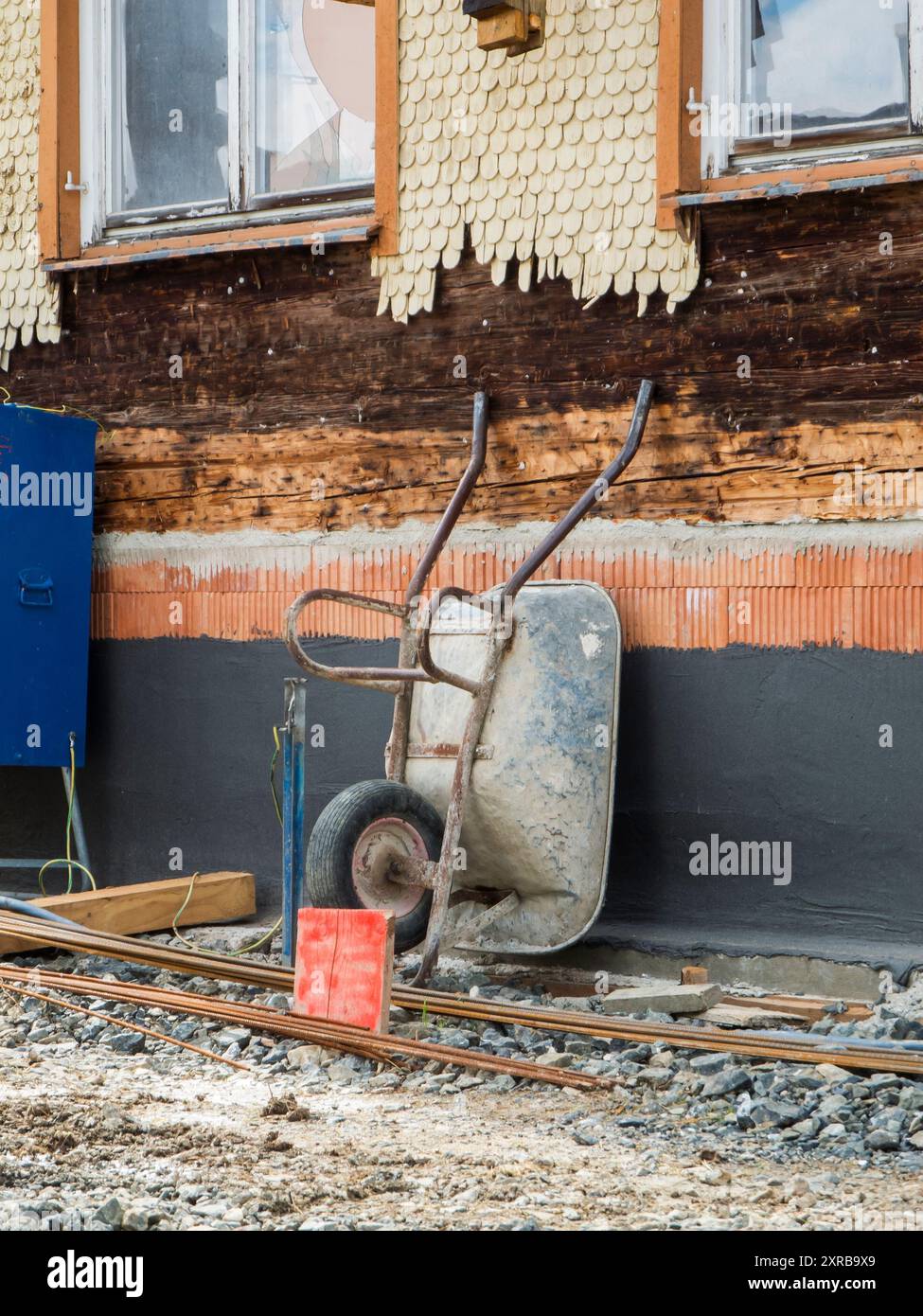 Reconstructing construction site of a wooden house in Bavaria with a ...