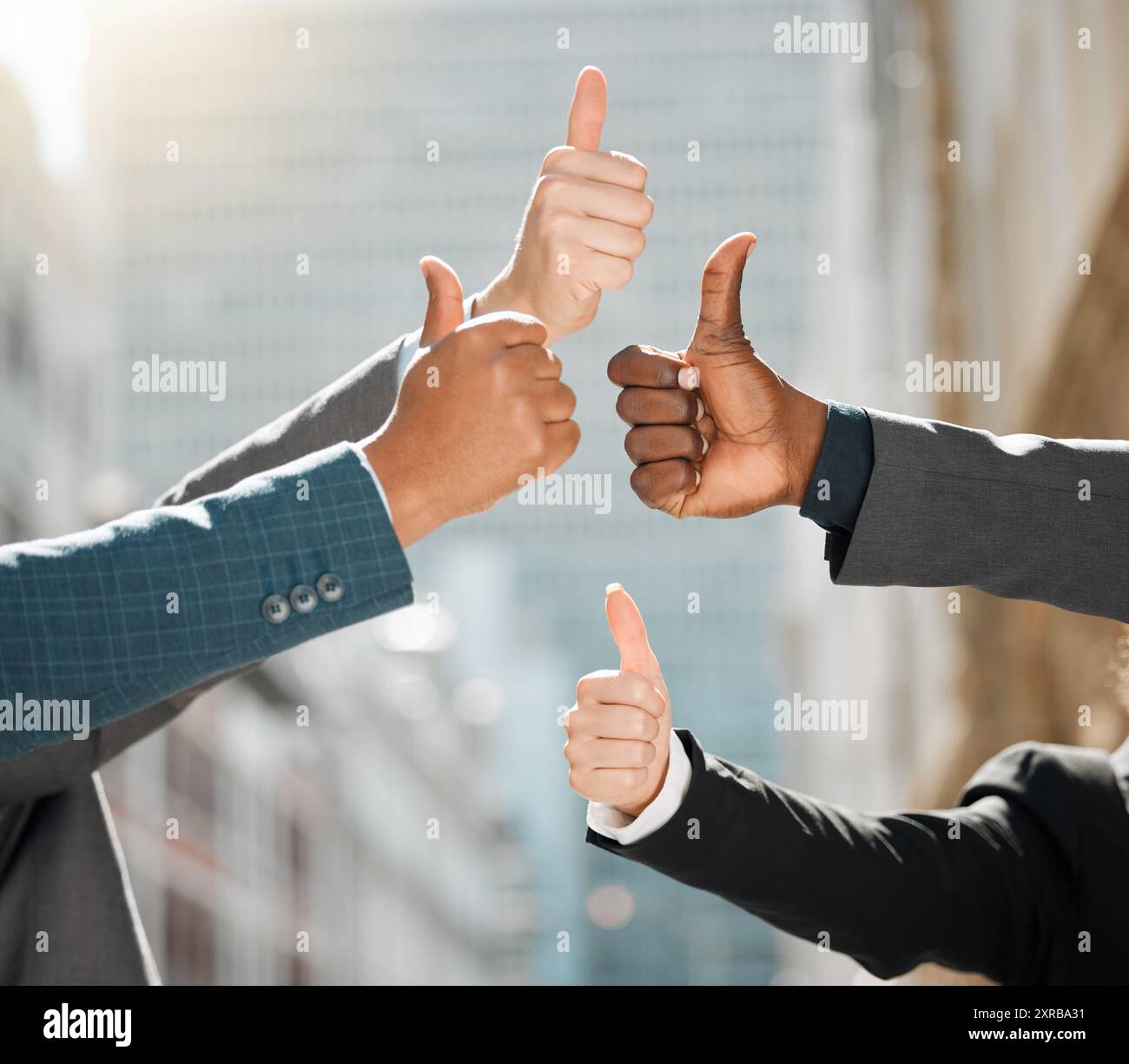 Thumbs up, business and win of group, outdoor and achievement of lawyer ...