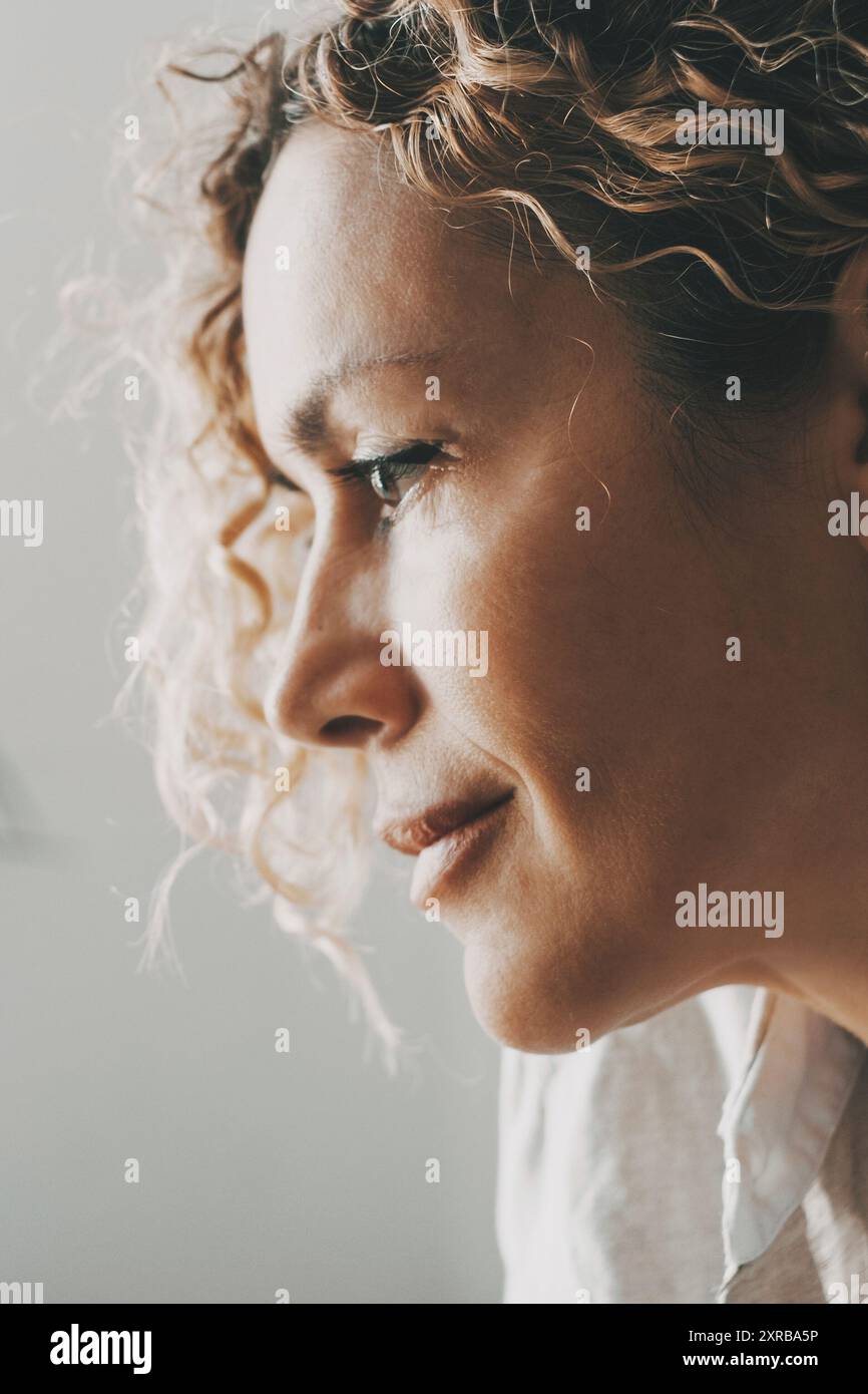 Side portrait of pensitive woman. Remembering memories and unhealthy ...