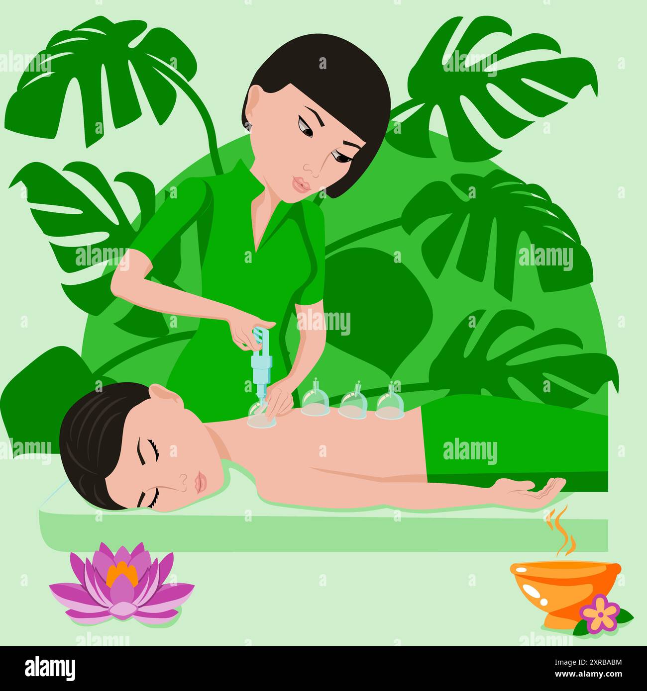 Massage vacuum cups. Treatments by professional therapist in spa. Vacuum therapy. Cup massage ...